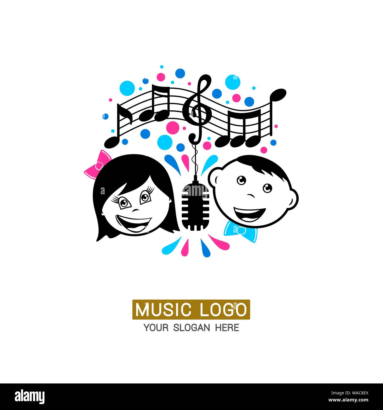 Music logo. Boy and girl on the background of a treble clef with ...