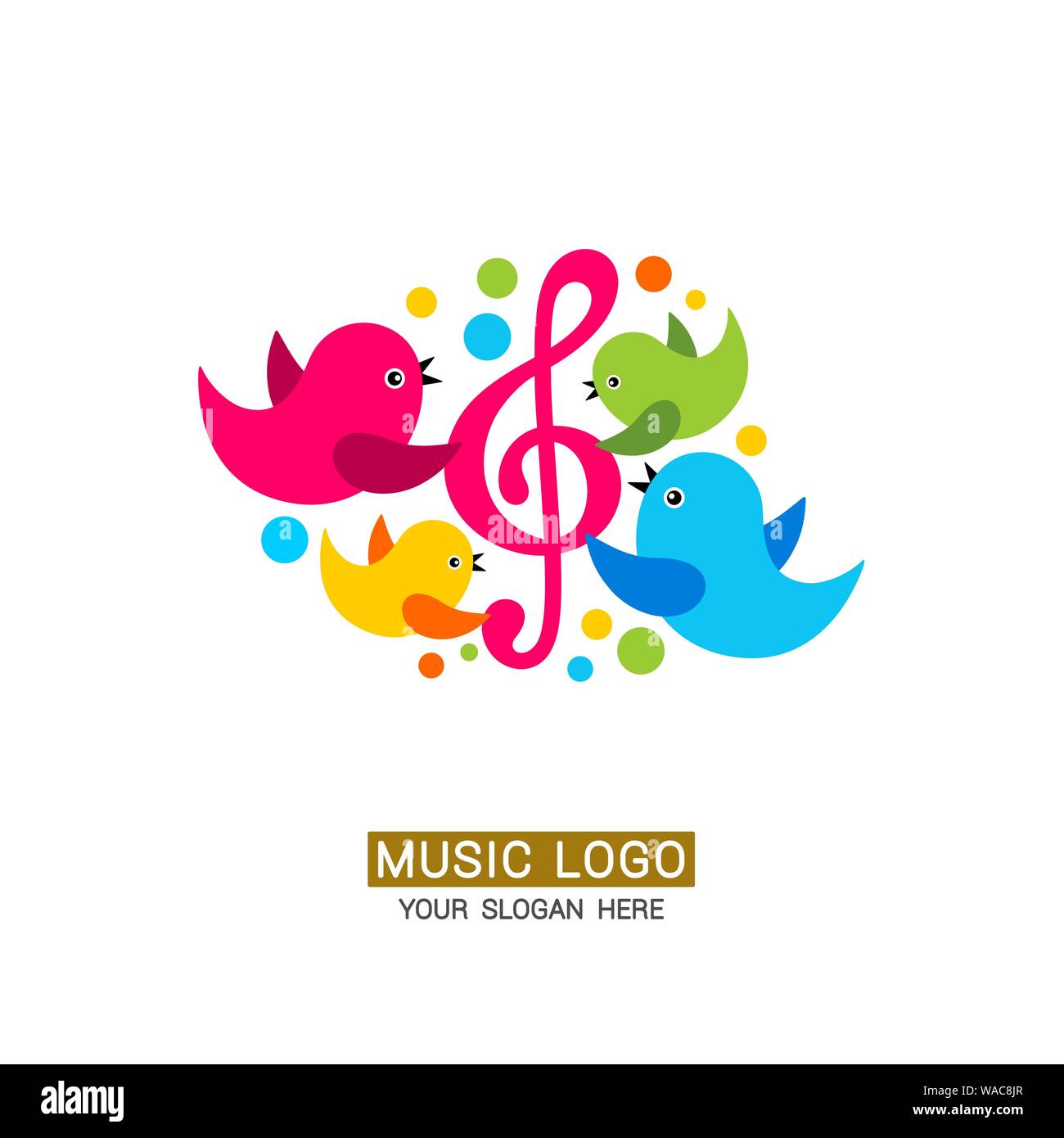 Music logo. A family of birds around a treble clef with colored ...