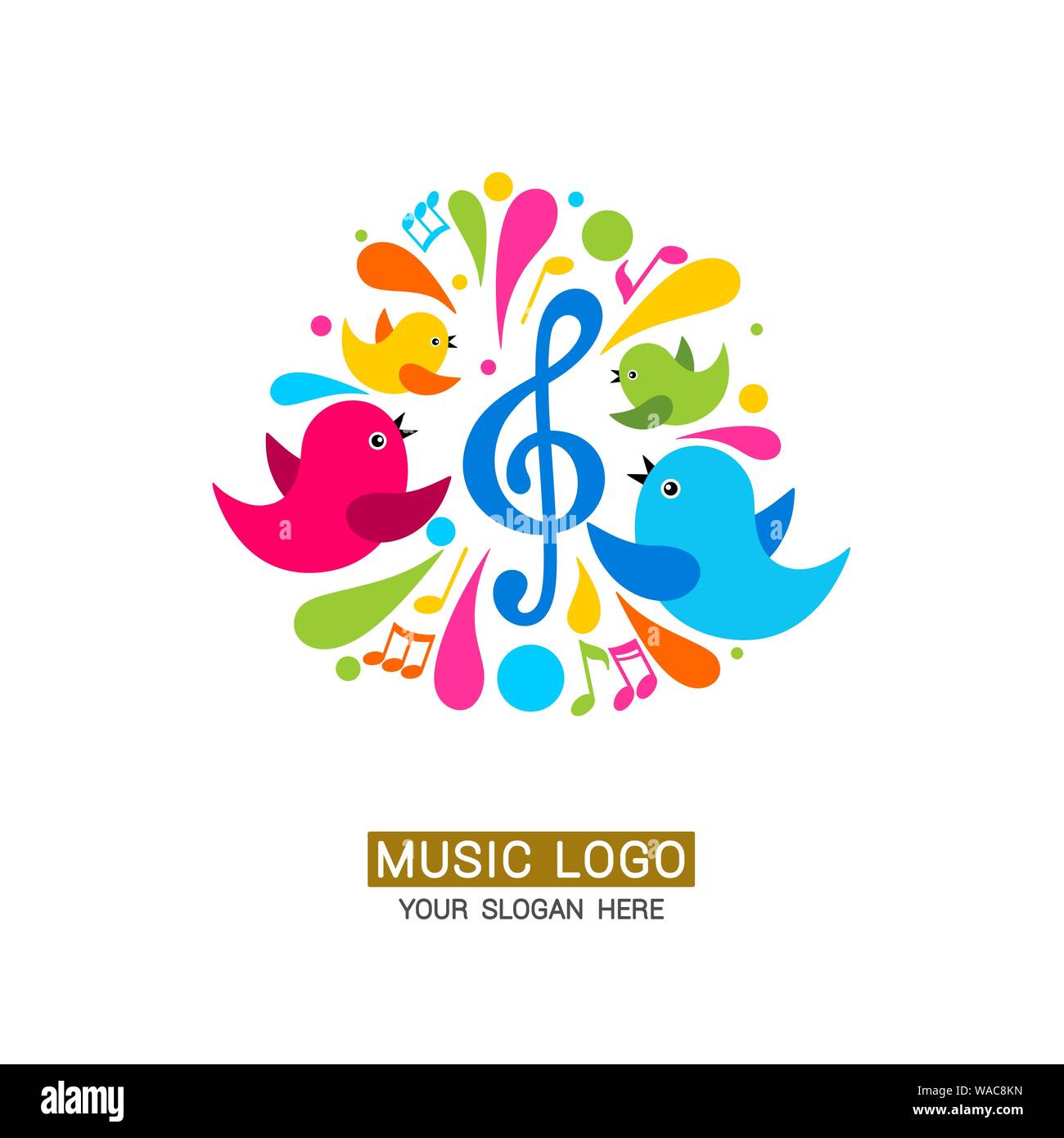Music logo. A family of birds around a treble clef with colored ...