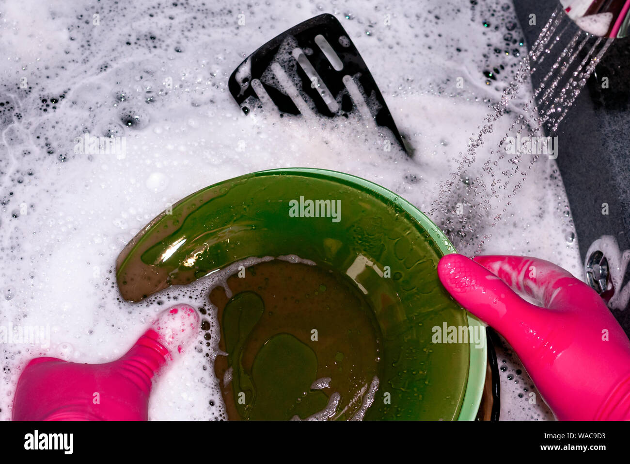 The process of washing plates in the sink, hands and plates closeup ...