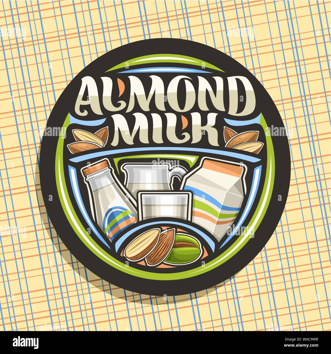 Vector logo for Almond Milk, black round icon with illustration of half ...