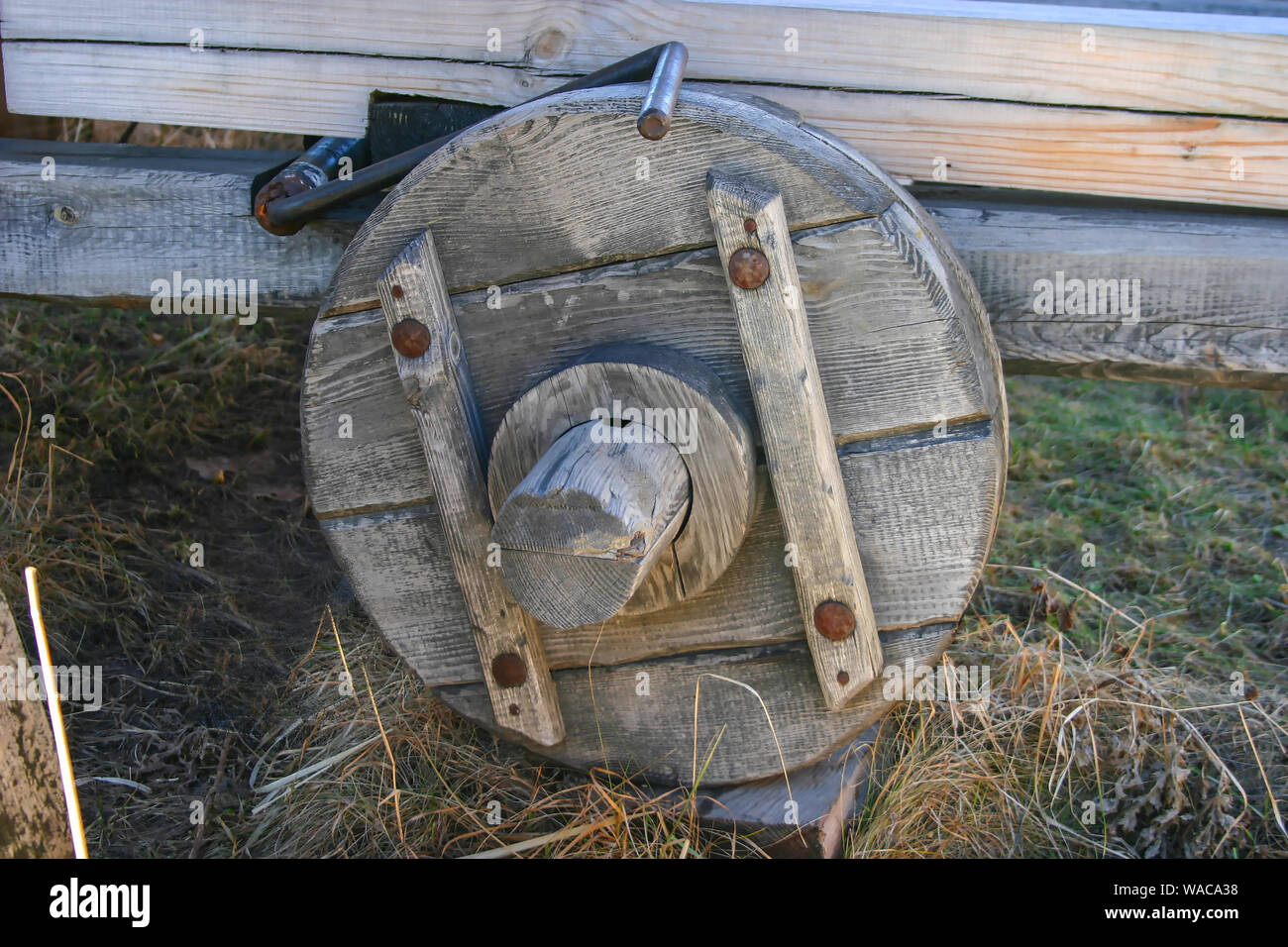 Antique antique wheel with an iron lever of a brake from an ancient ...