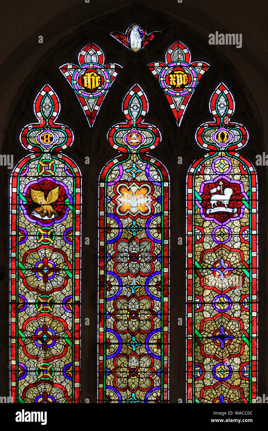 Beautiful stained glass windows in a church backlite by sunlight Stock ...