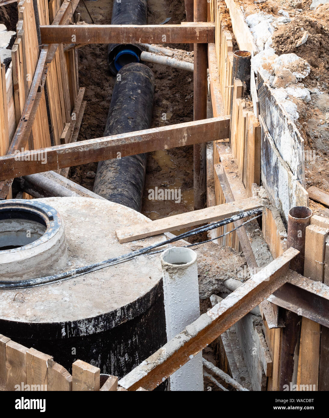 above view of installation of sewage pipeline on construction site ...