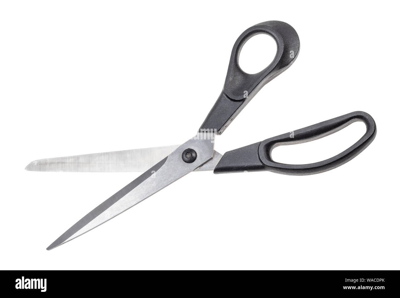 common scissors with black plastic handles cutout on white background ...