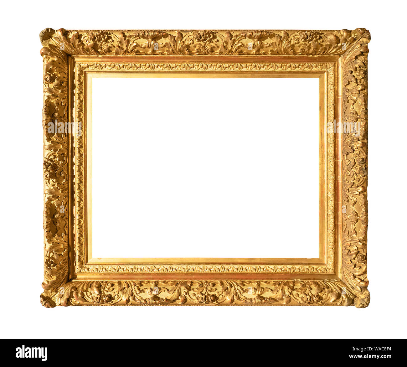 old wide baroque painting frame painted in gold color cutout on white ...