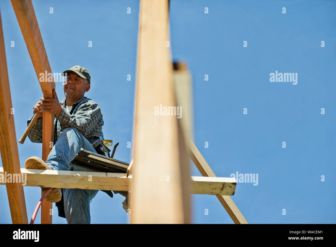 Builder cutting a piece of wood with a circular saw Stock Photo - Alamy