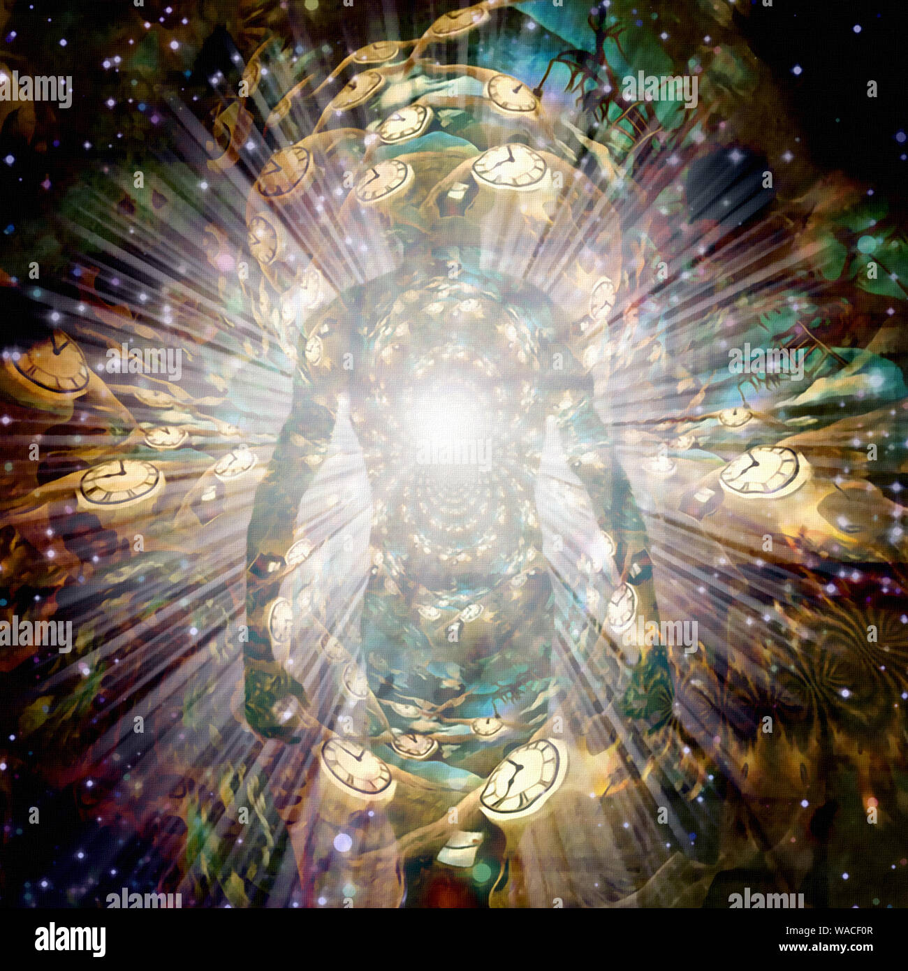 Shining aura and rays of light. Winged clocks represents flow of time ...