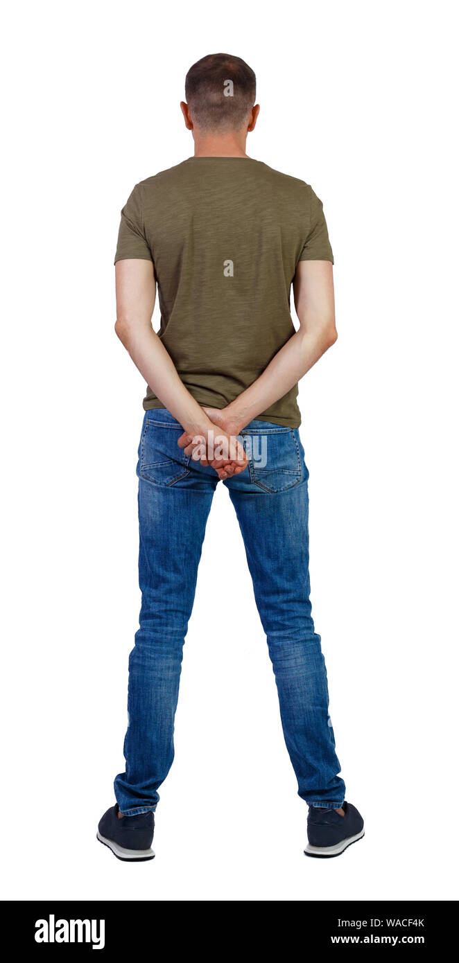 Back view of man in jeans. Standing young guy. Rear view people ...