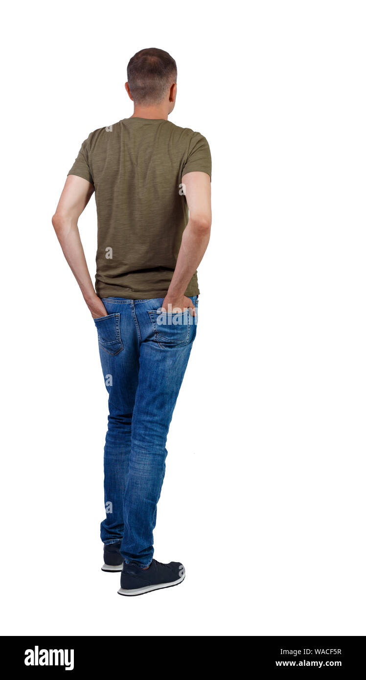 Back view of man in jeans. Standing young guy. Rear view people ...