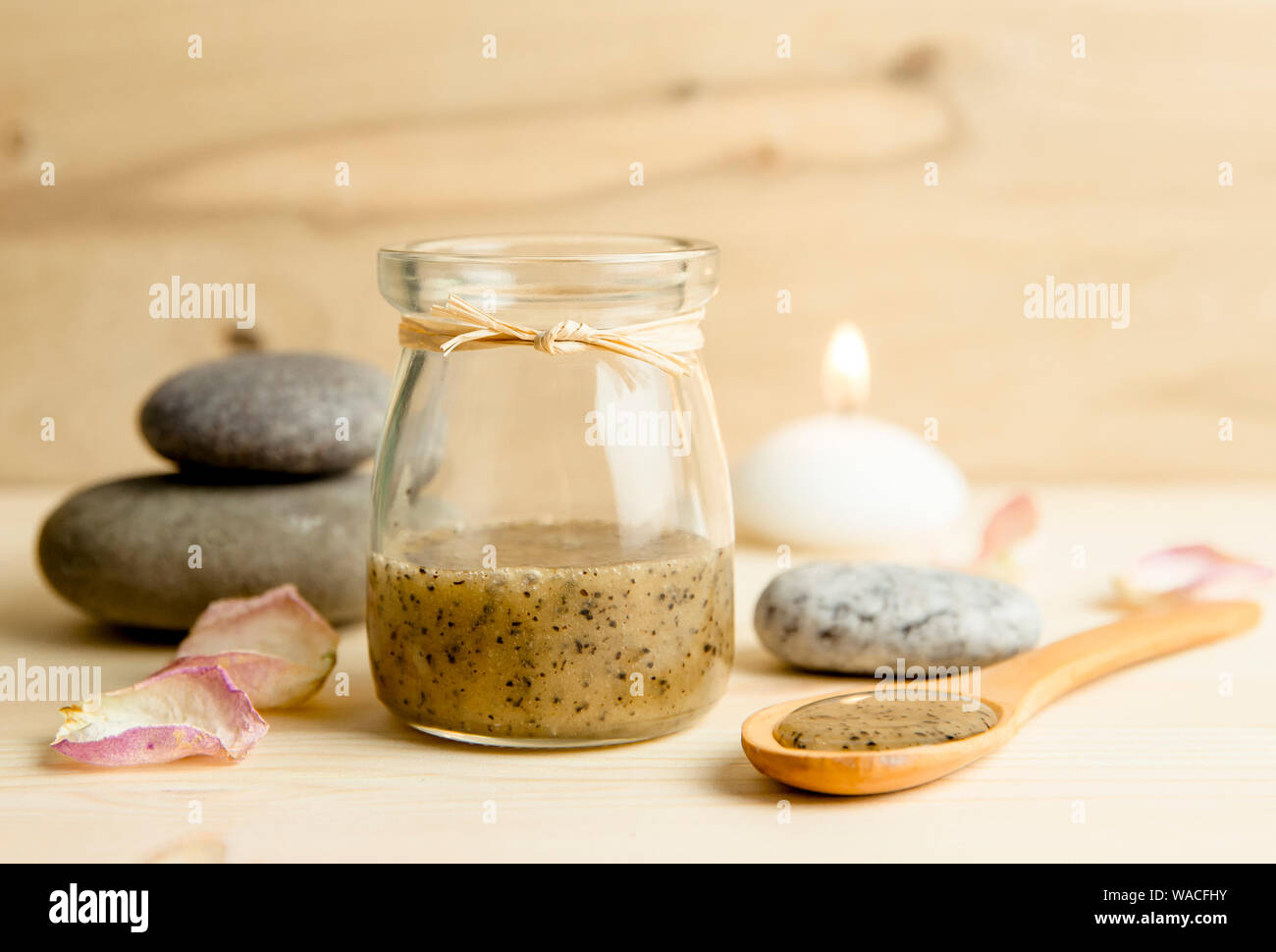 Selective focus on sauna honey scrub. Scrubbing honey and coffee ...