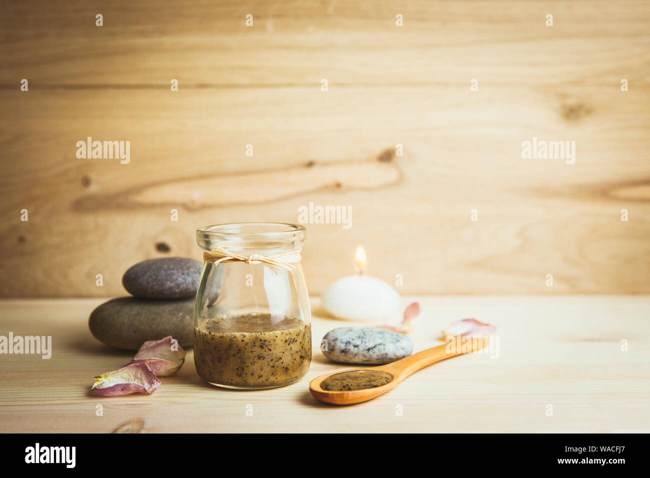 Selective focus on sauna honey scrub. Scrubbing honey and coffee ...