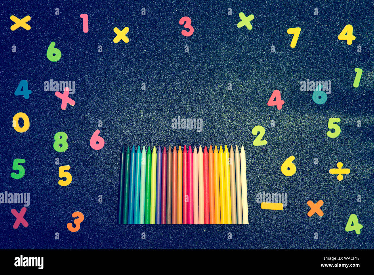 bright blue background with multicolored numbers and pencils Stock ...