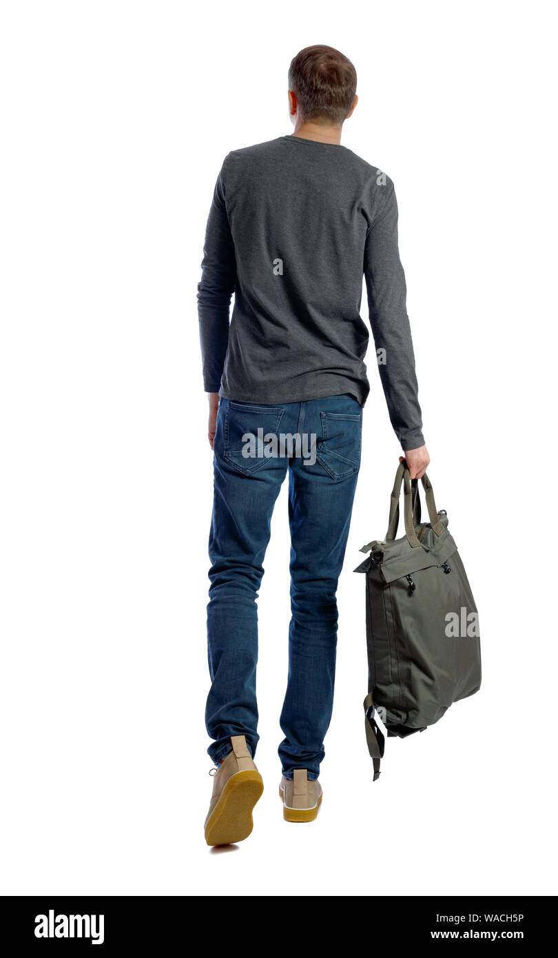 back view of walking man with green bag. backside view of person. Rear ...