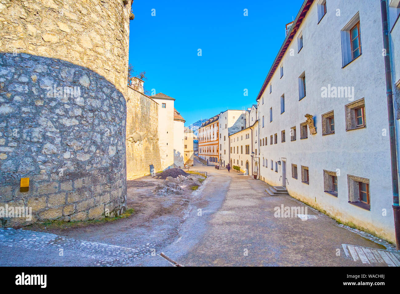 The walk in inner courtyard of Hohensalzburg Castle along various ...