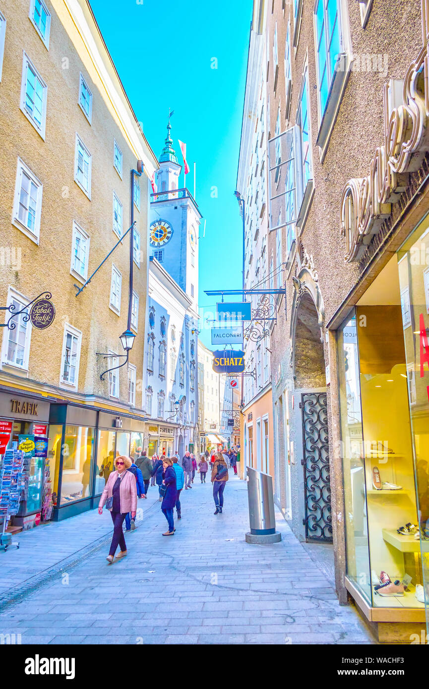 SALZBURG, AUSTRIA - FEBRUARY 27, 2019: Enjoy the shopping in crowded ...