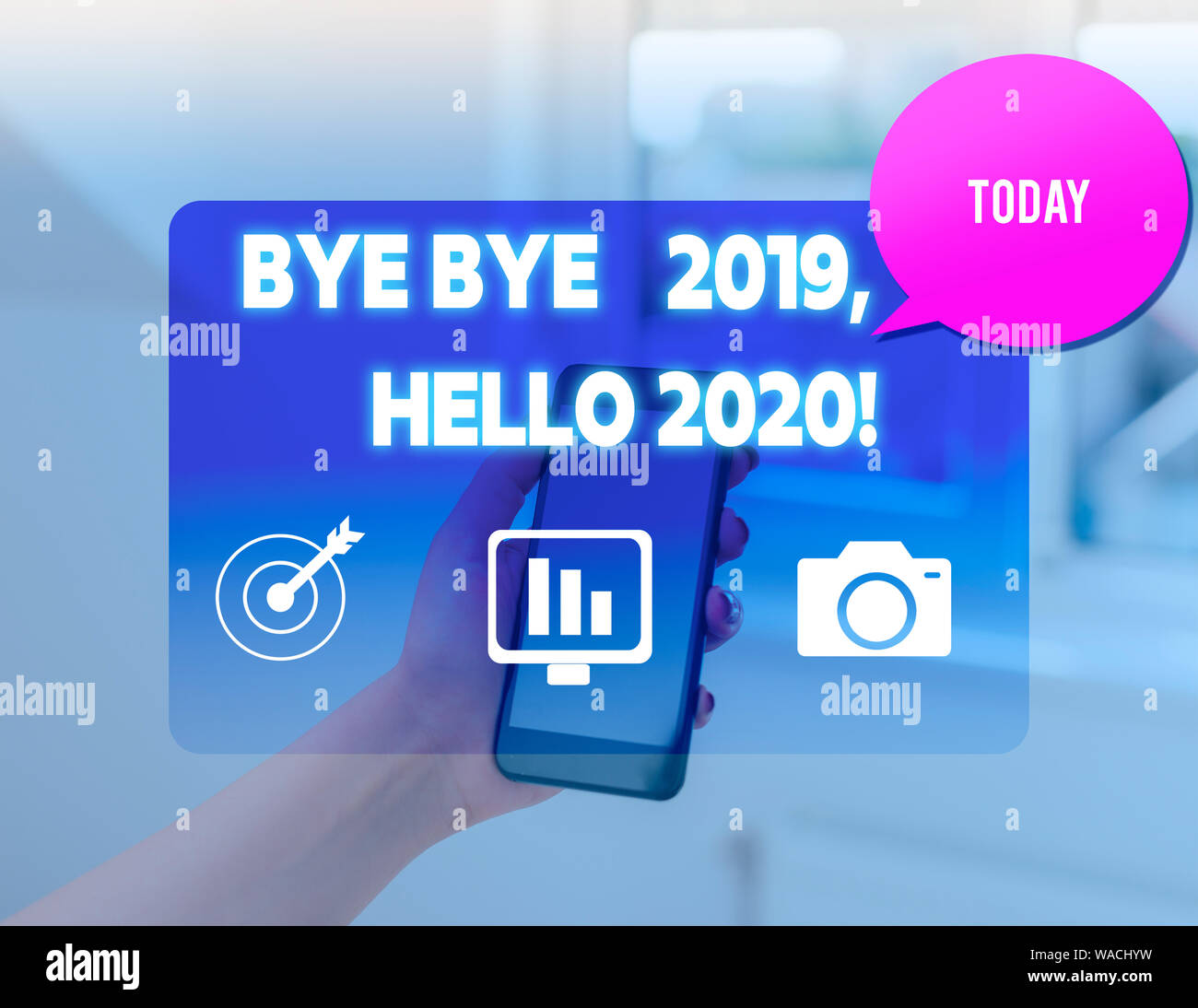Conceptual hand writing showing Bye Bye 2019 Hello 2020. Concept meaning saying goodbye to last ...