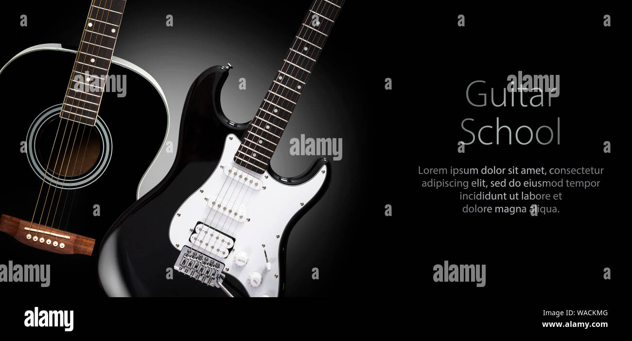 Black acoustic and electric guitars on a black background. Template ...