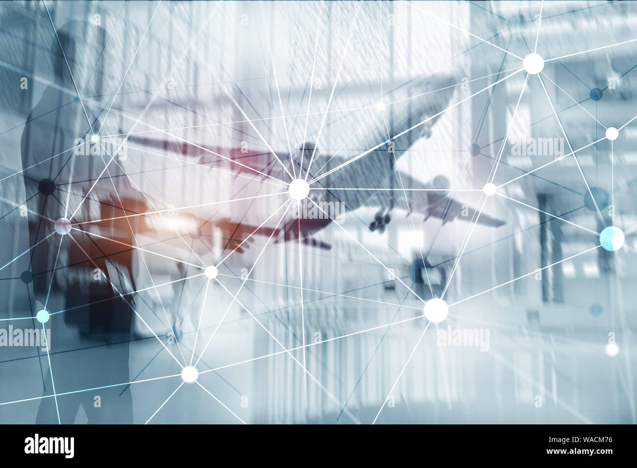 Blockchain network on blurred skyscrapers background. Financial ...