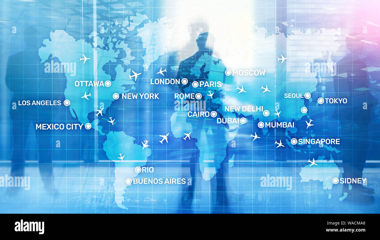 Global Aviation Abstract Background with planes and city names on a map ...