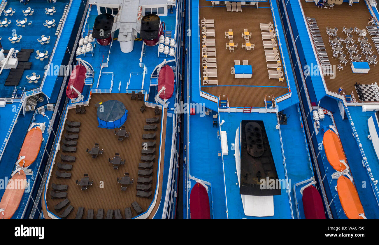 Top view of the upper decks of tourist ships, passenger recreation ...