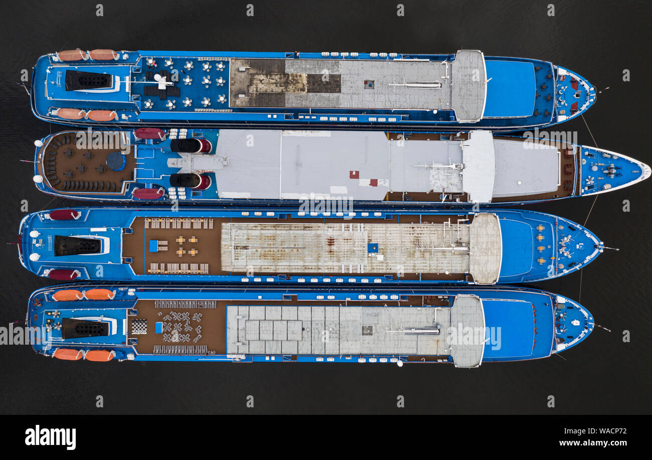 Top view of the upper decks of tourist ships, passenger recreation ...