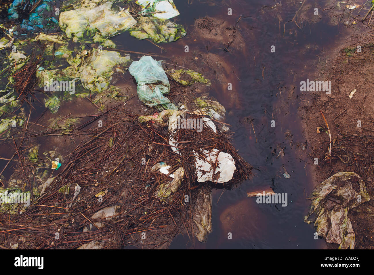 Ufa, Russia, 1 July, 2019: Black water and pollution at the river cause ...