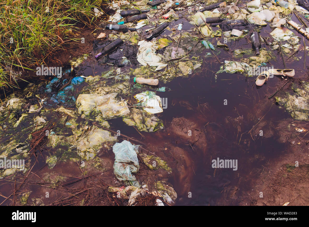 Ufa, Russia, 1 July, 2019: Black water and pollution at the river cause ...