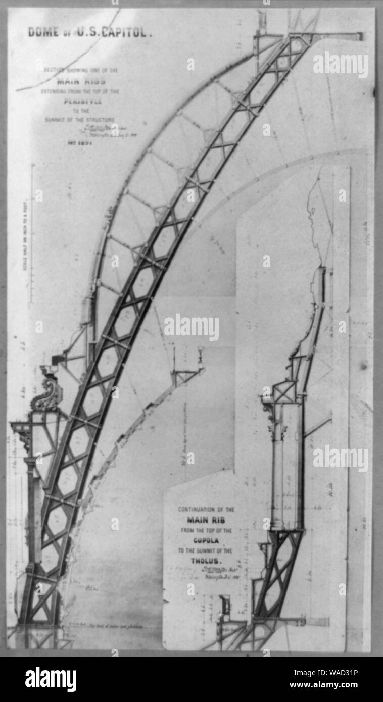 Dome of U.S. Capitol, section showing one of the main ribs extending ...