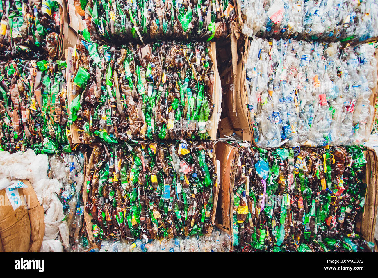 Ufa, Russia, 1 July, 2019: Large stack of old plastic bottles Stock ...