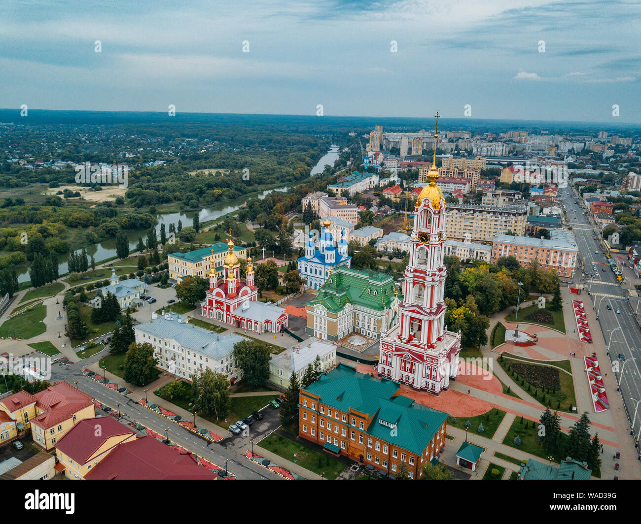 Aerial view of city of Tambov and Kazan icon of Our Lady Monastery ...