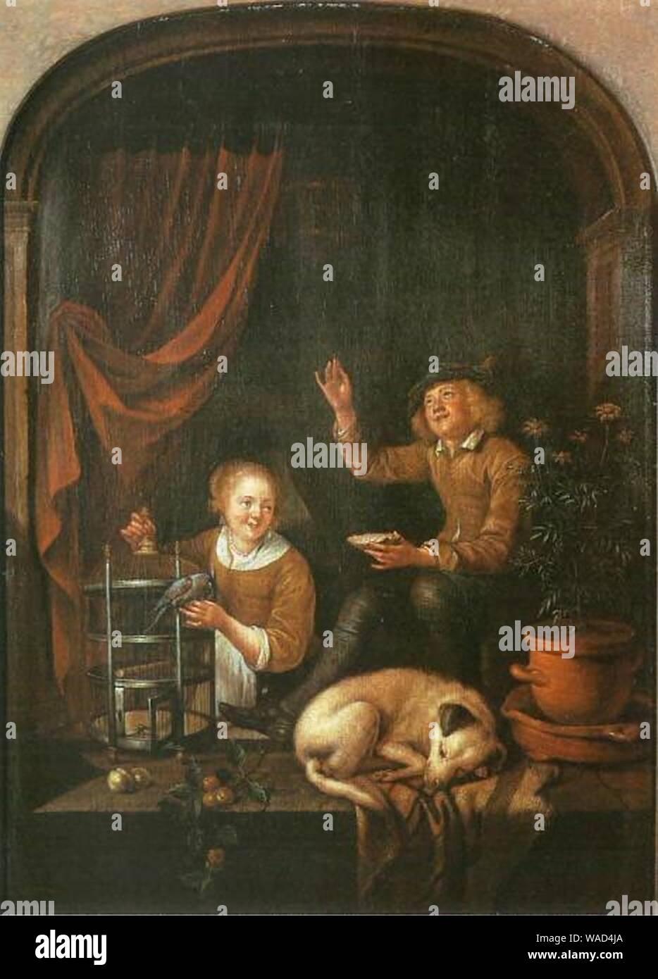 Domenicus van Tol - A Boy and a Girl in a WIndow with a Dog Stock Photo ...