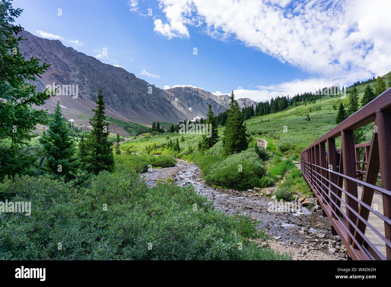 Beautiful alpine scene with bridge over stream leading to Gray's Peak ...