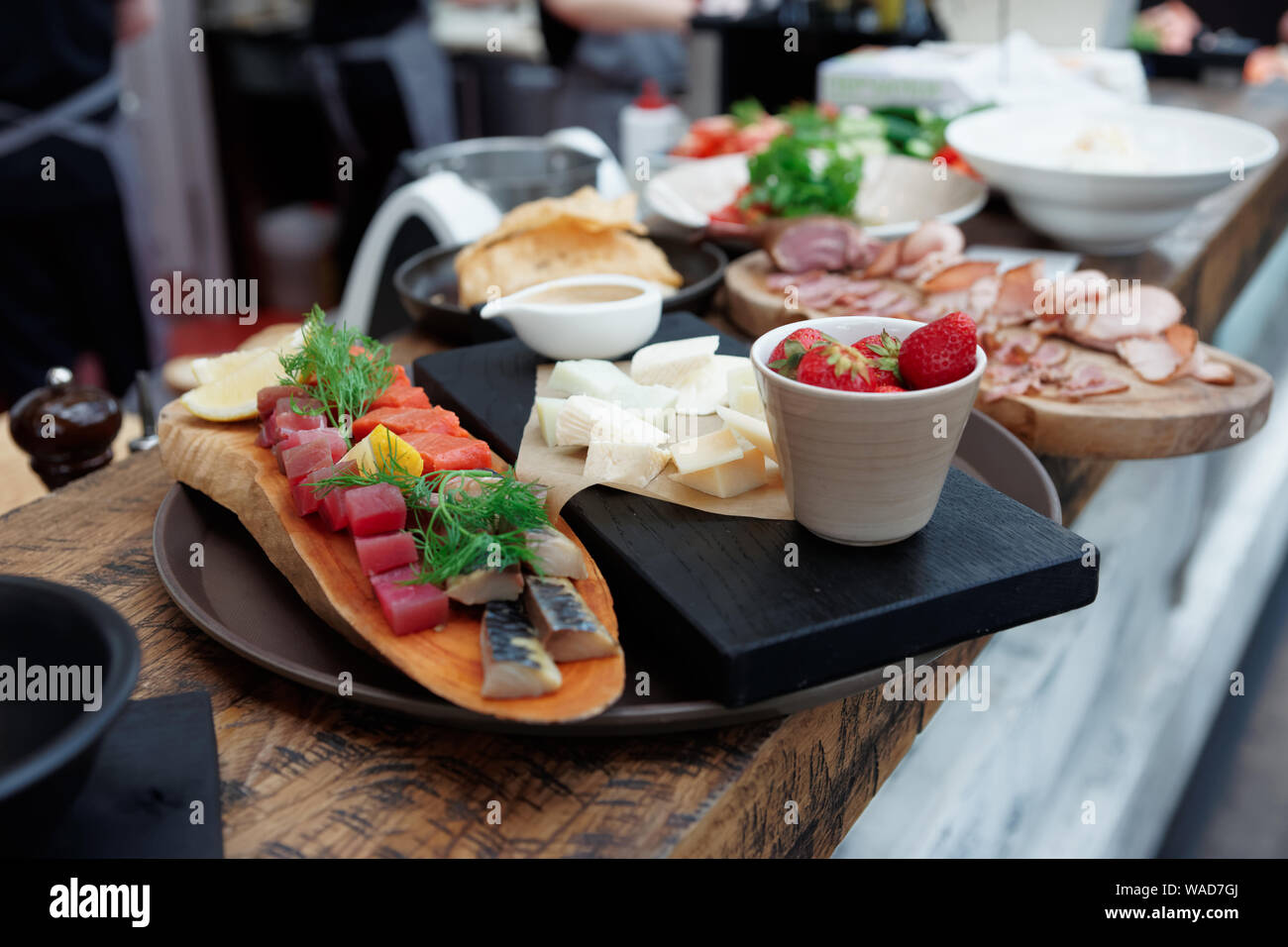 Platter of food on restaurant counter waiting to ba carried to guests ...