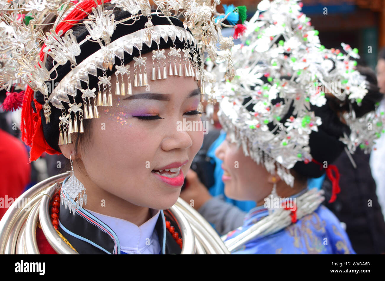 Chinese people of Dong ethnic group dressed in traditional costumes ...