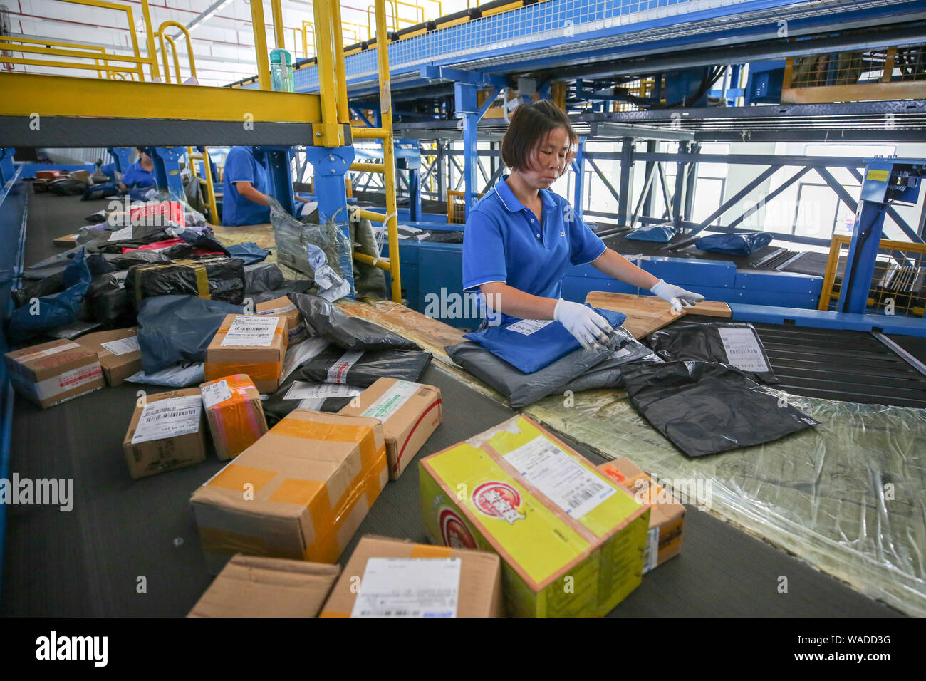 Employees work along assemble line to dispatch packages with computer ...
