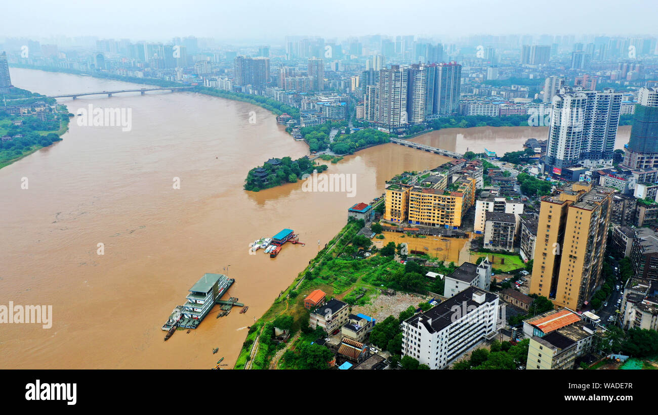 Aerial view of buidings overwhelmed by flood caused by heavy rain in ...