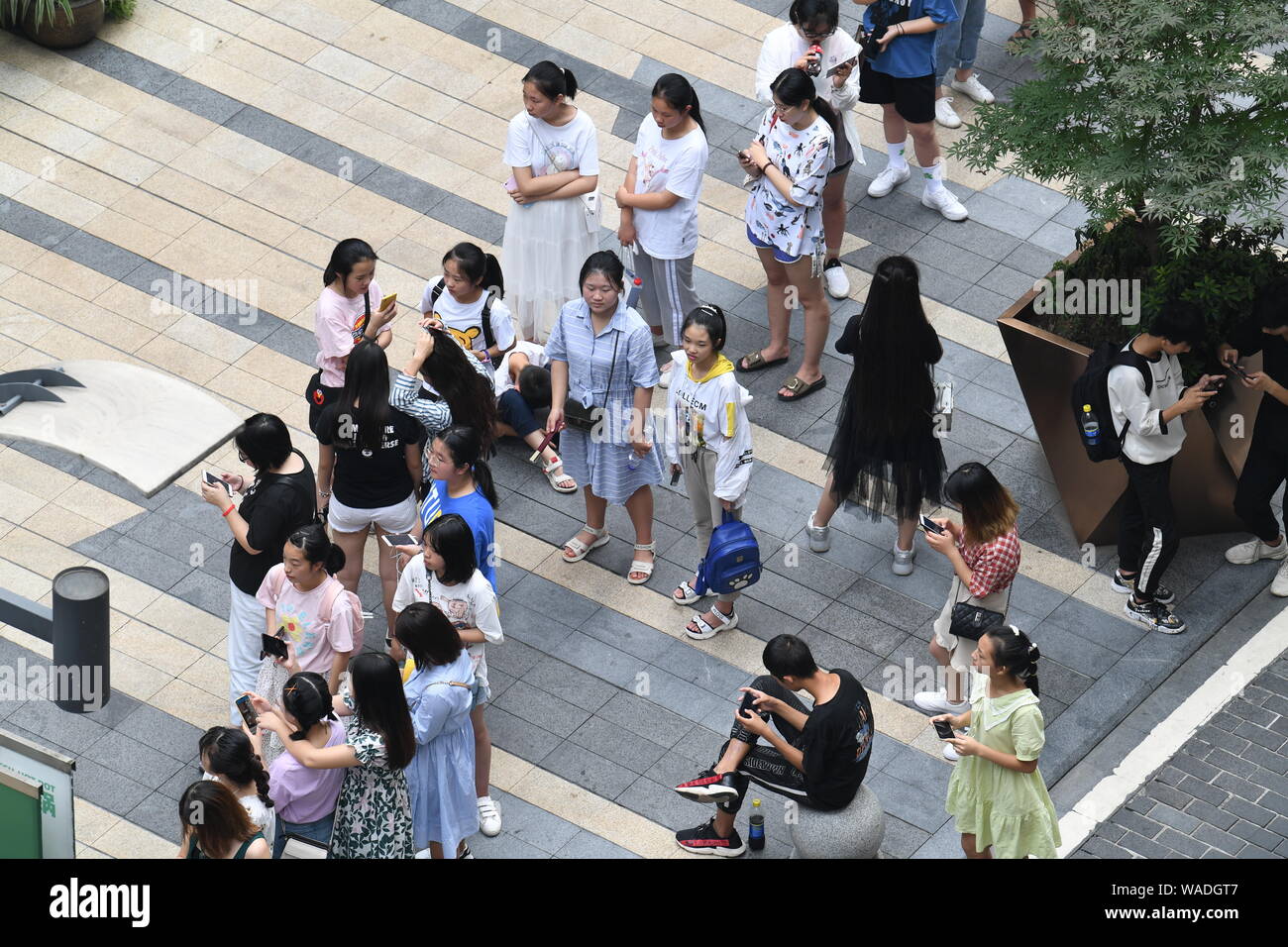 Chinese fans wait in a long queue in front of a milk tea store operated ...