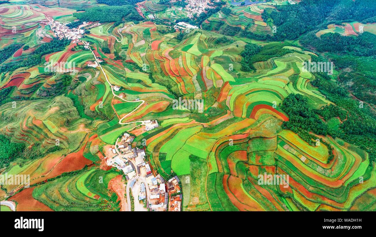 Landscape of the multicolored Dongchuan Red Land in Huashitou village ...