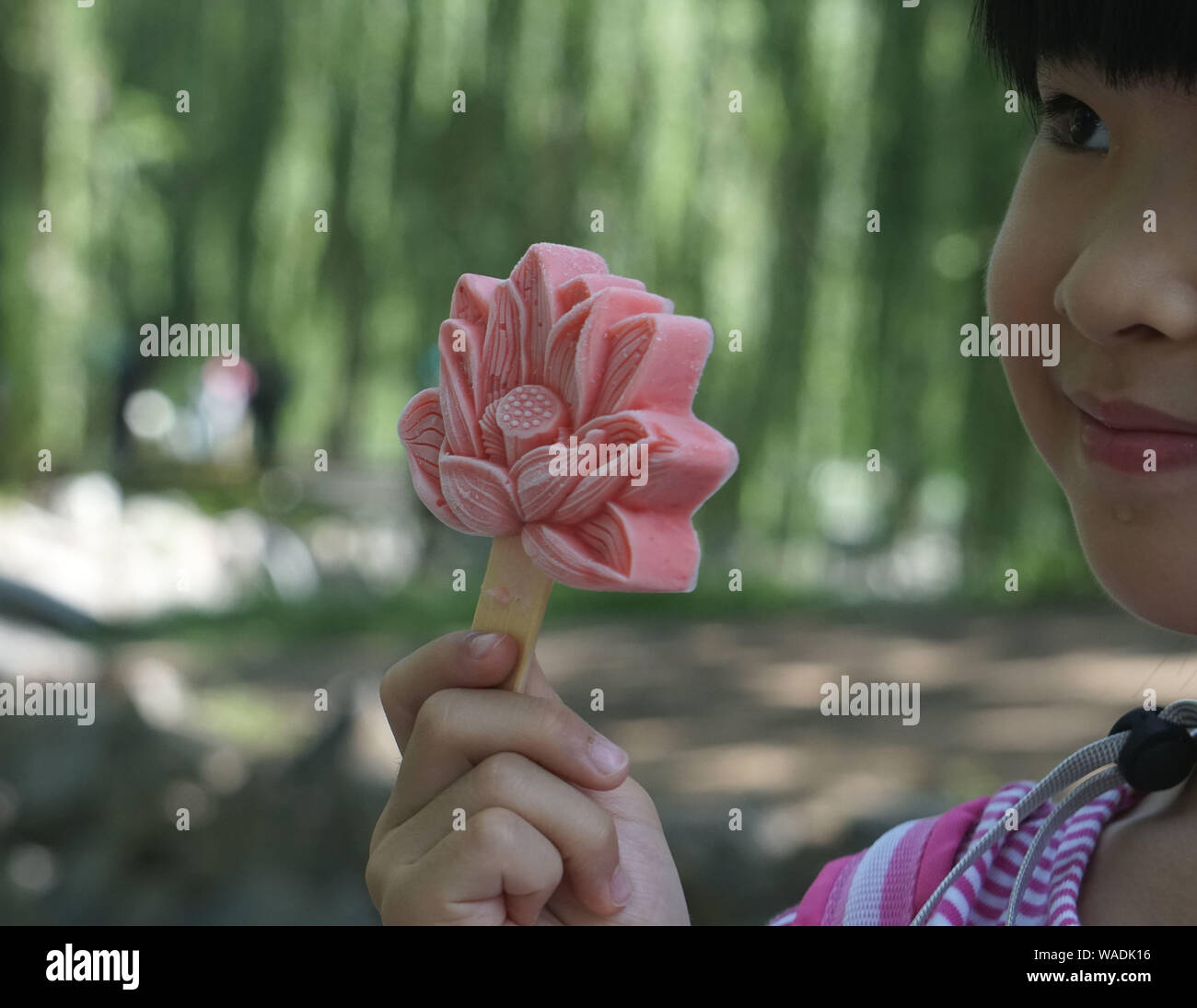 A Chinese girl enjoys a strawberry flavour of lotus flower-shaped ice ...