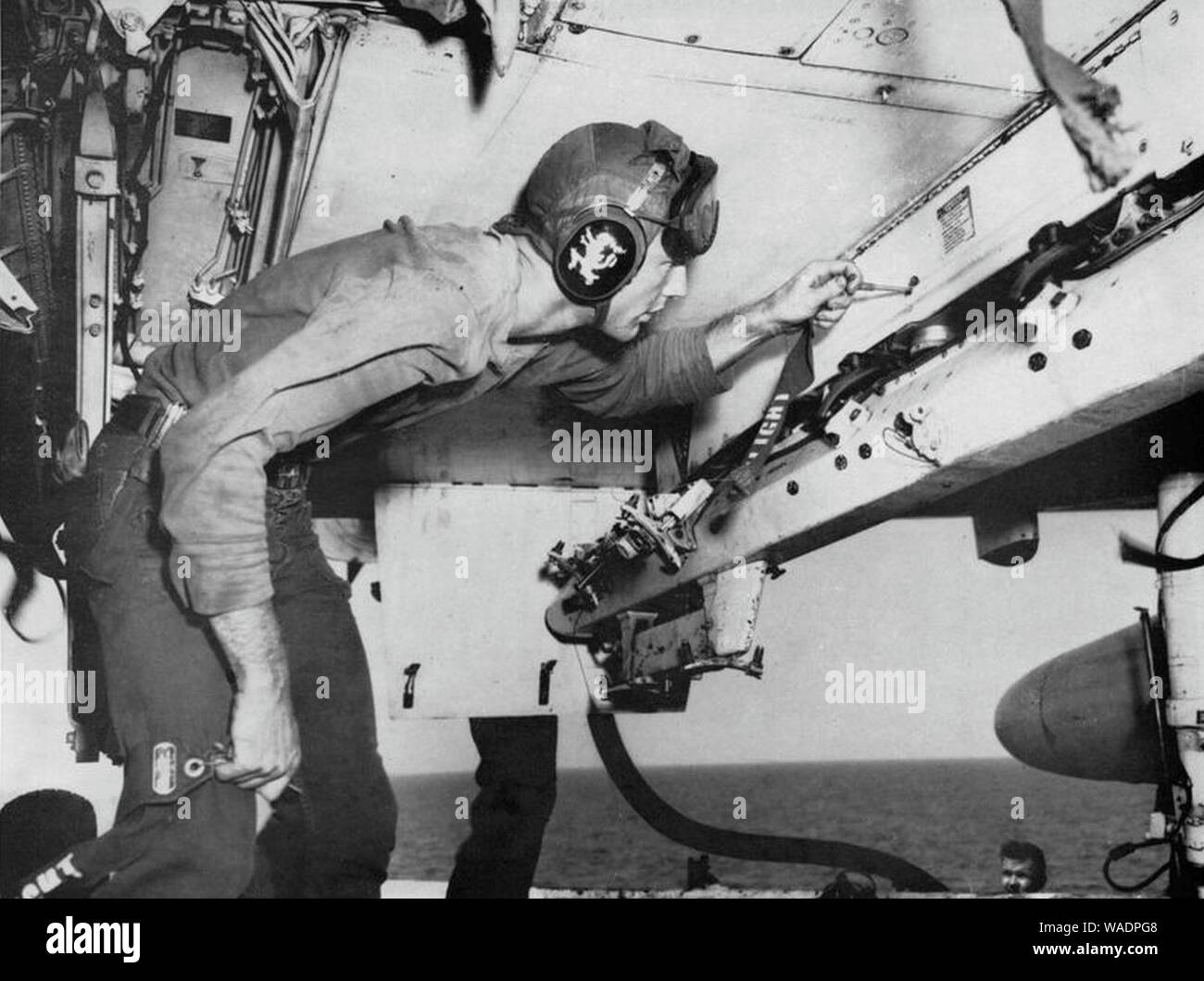 Douglas A-4E Skyhawk is secured after recovery aboard USS Hancock (CVA ...