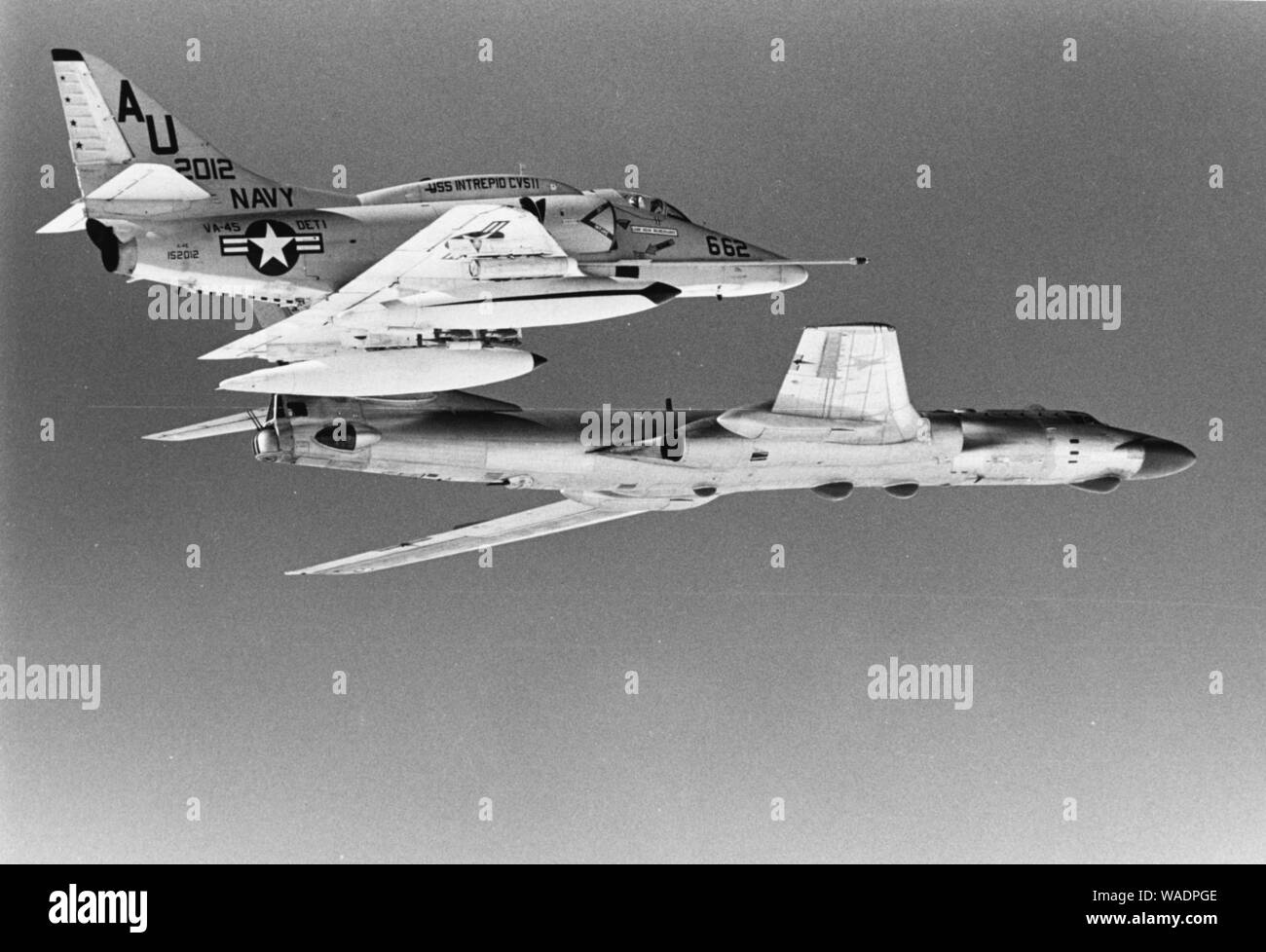 Douglas A-4E Skyhawk of VA-45 escorts Soviet Tupolev Tu-16 c1972 Stock ...
