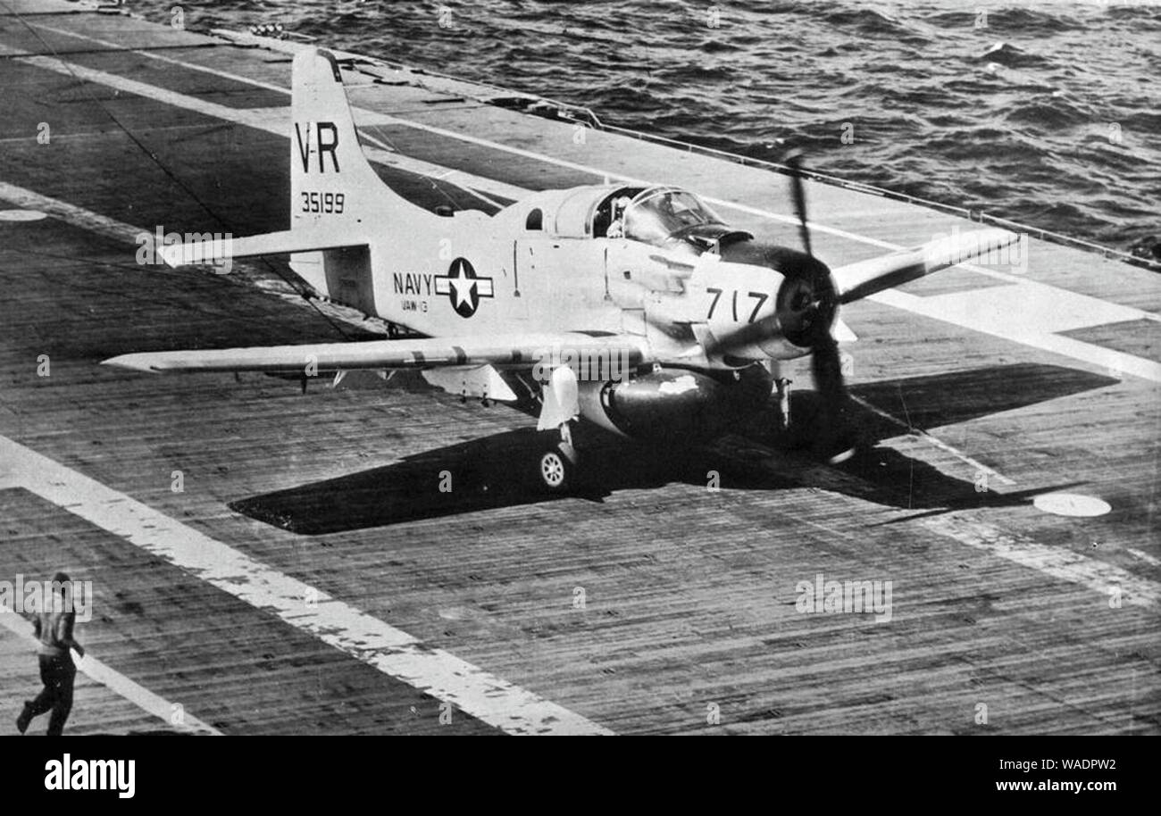 Douglas AD-5W Skyraider of VAW-13 Det.N lands on USS Hornet (CVS-12 ...