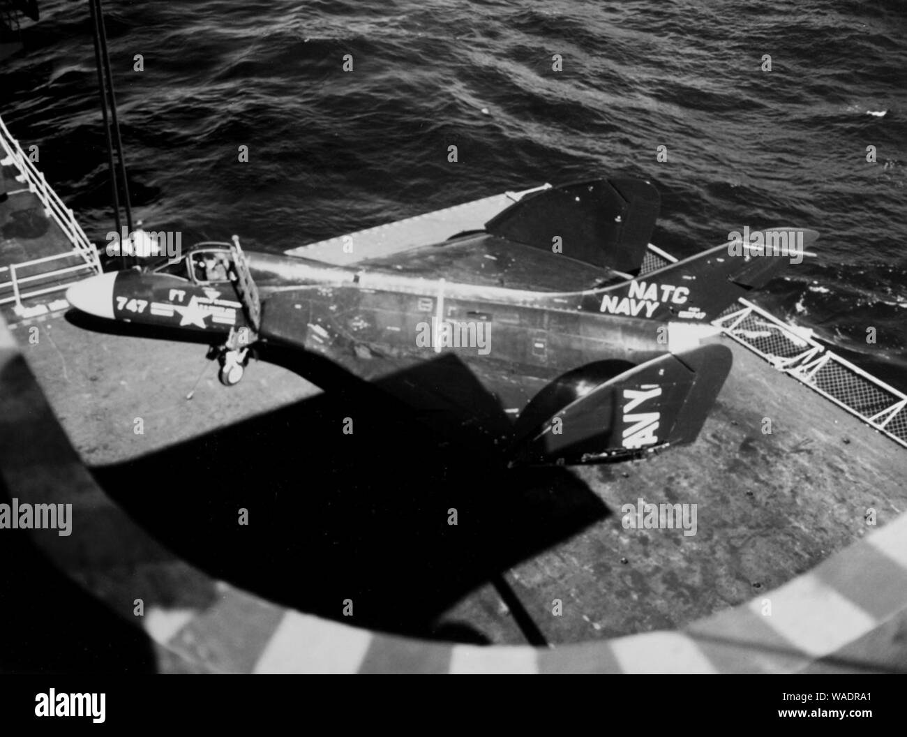 Douglas F4D-1 Skyray on elevator of USS Forrestal (CVA-59) on 19 April ...