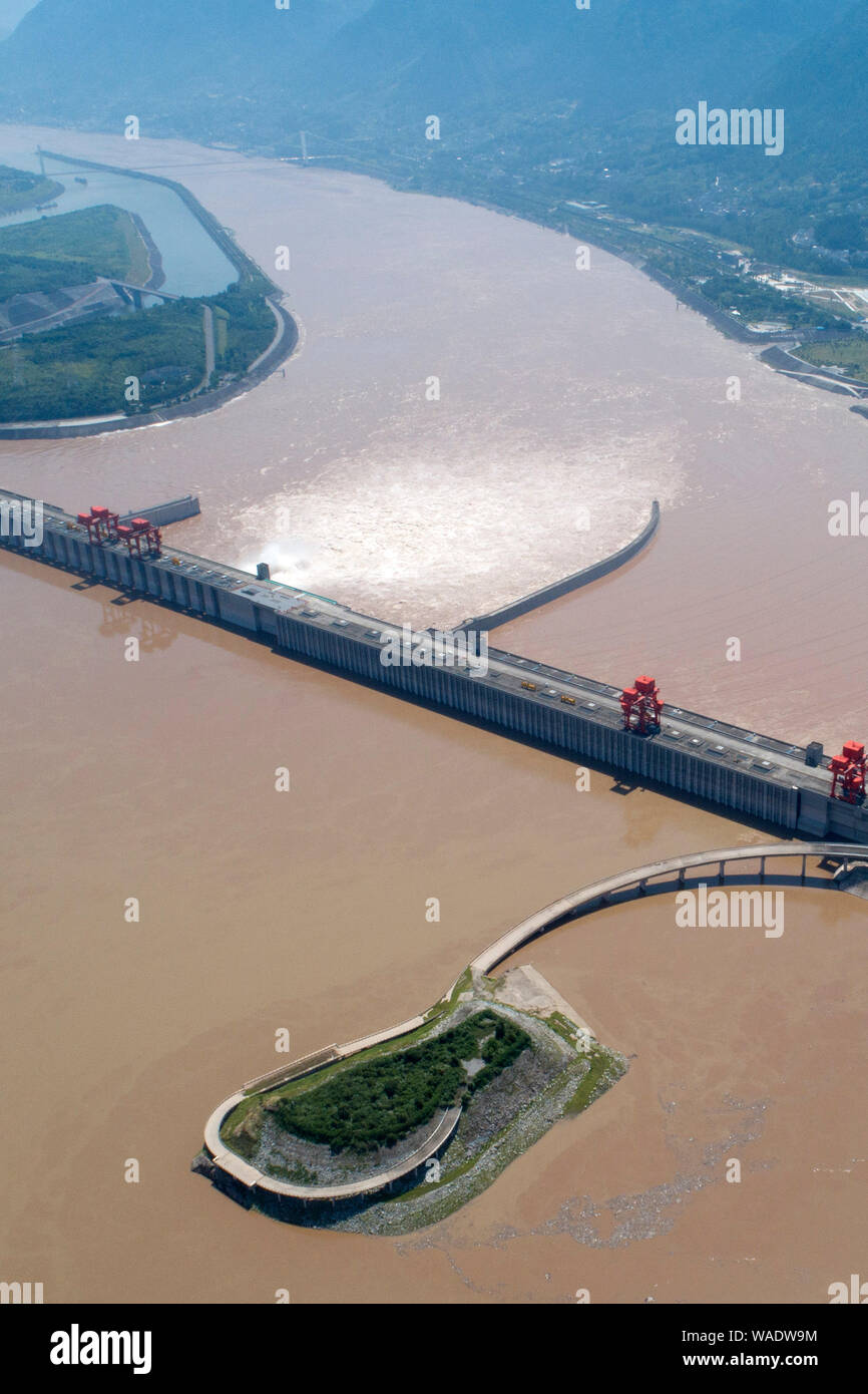 Panoramic view of the Three Gorges Dam releasing water for flood ...