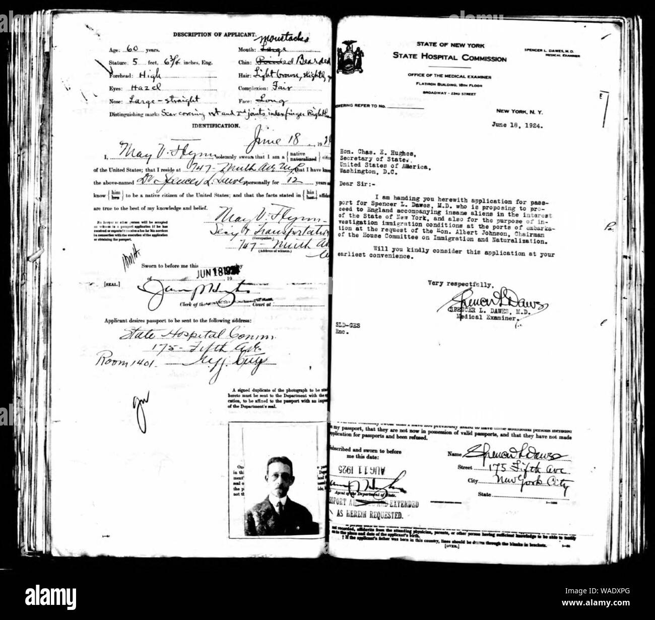 Dr Spencer Lyman Dawes passport application from 1924, page 2 Stock ...