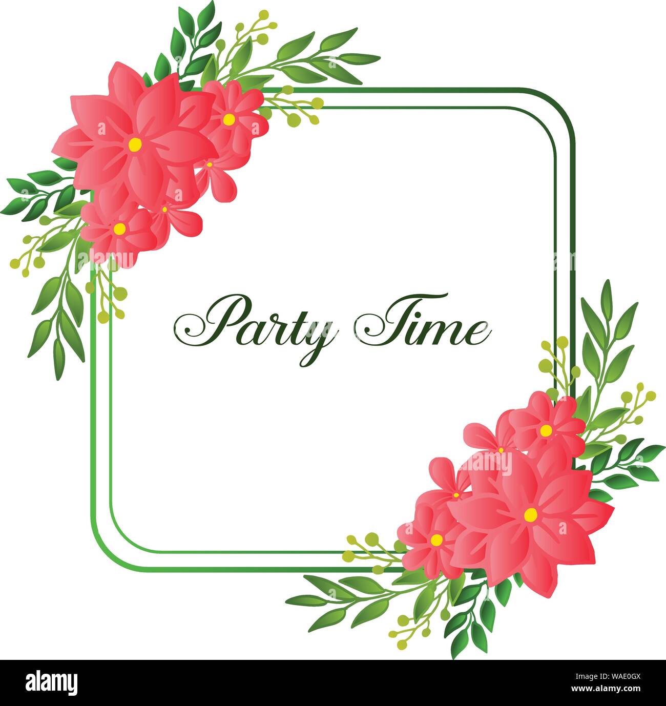 Template for party time greeting card, with pattern green leafy flower ...