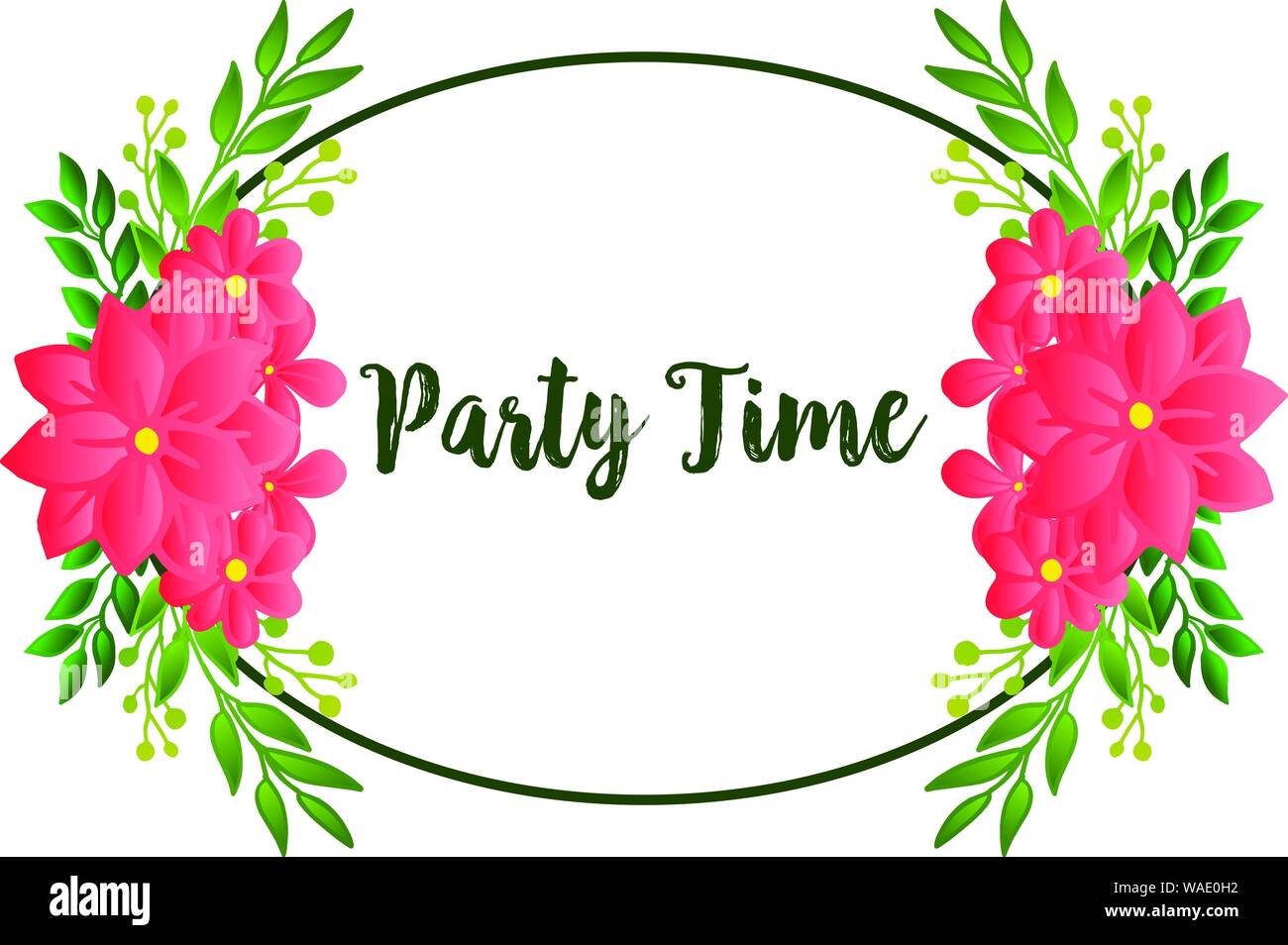 Template for party time greeting card, with pattern green leafy flower ...