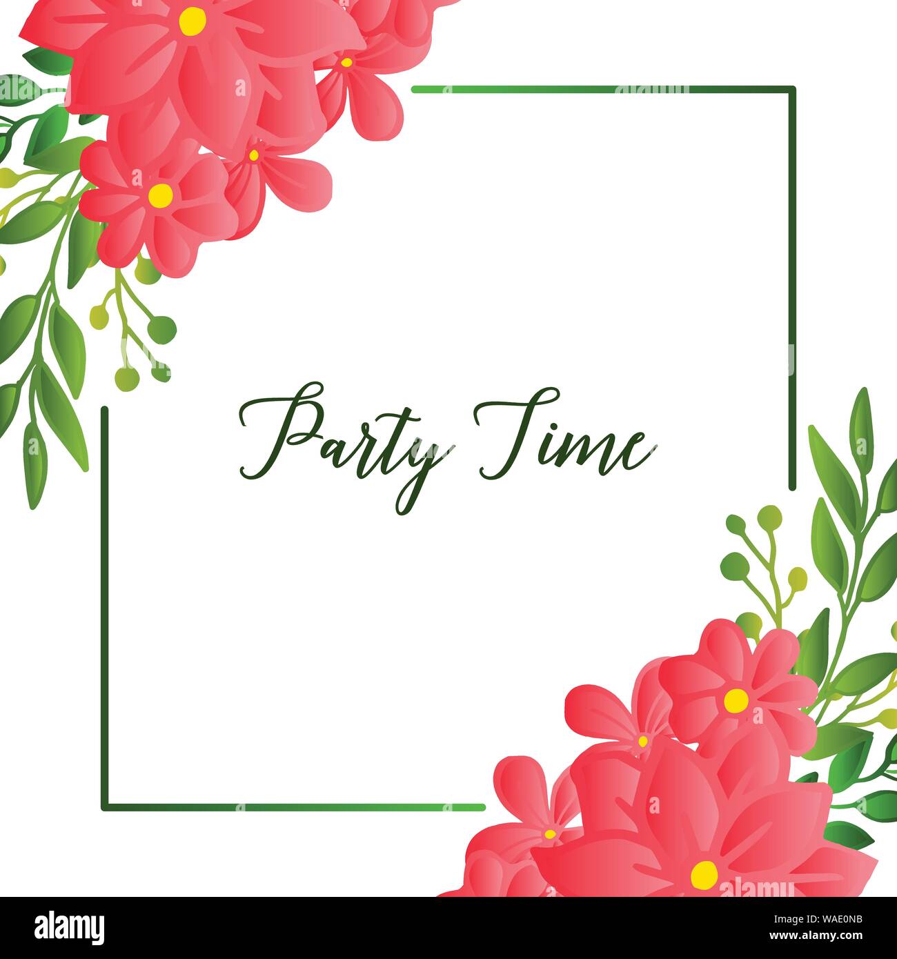 Template for party time greeting card, with pattern green leafy flower ...