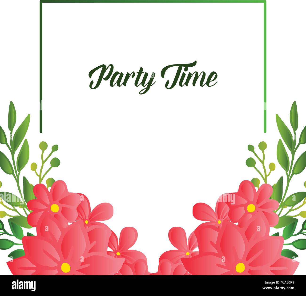 Template for party time greeting card, with pattern green leafy flower ...